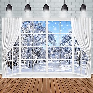 Winter Scene Backdrop Holiday Wonderland Snowflake Photography Background Window Forest Christmas Party Decoration Tree Landscape Kids Portrait Photobooth Photo Studio Props 7x5ft White