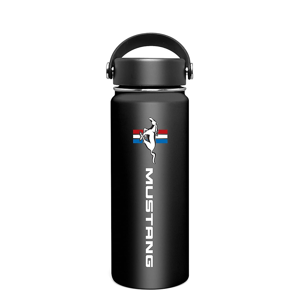iPick Image for Ford Mustang Tri-Bar Laser Etched 18 oz Dual-Wall Insulated Black Stainless Steel Water Bottle Travel Tumbler Mug