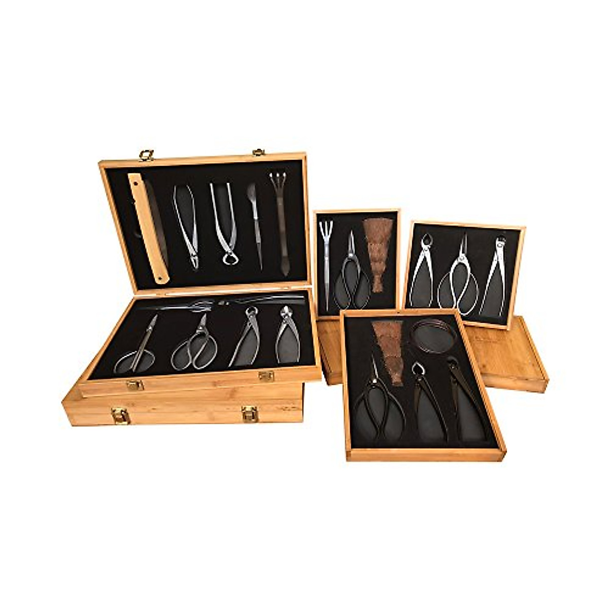 Tinyroots Tool Kit for Bonsai - 3 Piece Set Includes: Traditional Butterfly Shaped Bonsai Shears, Genuine Japanese Hemp Broom, Three Pronged Rake & Bamboo Storage Case + Bonsai Tools