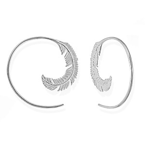 Boma Jewelry Sterling Silver Feather Matte Finish Pull Through Hoop Earrings