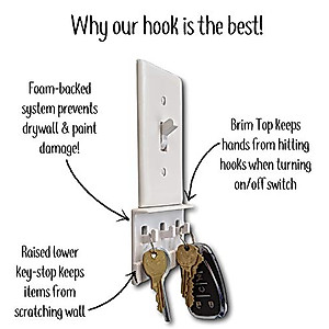 The No-Screwups Key Hook Organizer by Mount Genie (White, 1-Pack): Wall Mount with No Damaging Screws or Tape. Installs in Seconds on Any Light Switch. Great for Entryway, Mudroom, Kitchen, Office