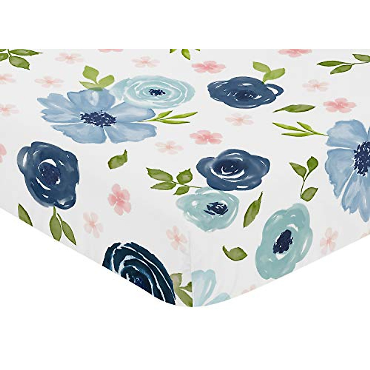 Sweet Jojo Designs Navy Blue and Pink Watercolor Floral Girl Fitted Crib Sheet Baby or Toddler Bed Nursery - Blush, Green and White Shabby Chic Rose Flower