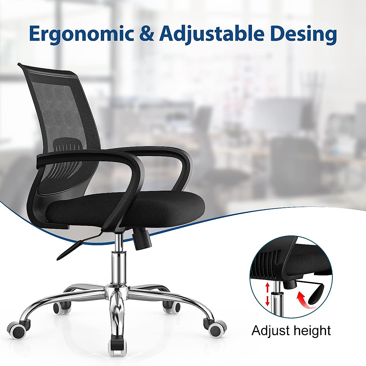 Black Office Desk Chairs with Lumbar Support, armrests Black Mesh Ergonomic Computer Chair can Lift and 360°Swivel, Made of Silver Aluminum Legs