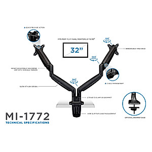 Mount-It! Dual Monitor Arm Mount | Desk Stand | Two Articulating Gas Spring Height Adjustable Arms | Fits 2 x 24 27 29 30 32 Inch VESA 75 100 Compatible Screens | C-Clamp and Grommet Bases (Black)