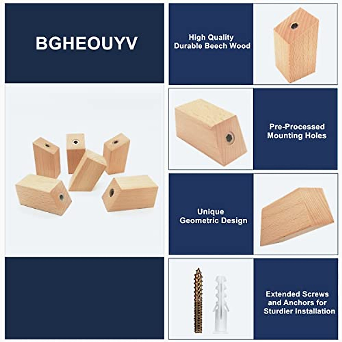 BGHEOUYV 6 Pack Wood Wall Hooks, Coat Hooks Wall Mounted Hooks for Hanging, 6 Hat Hooks with 6 Screws, Wooden Wall Hooks for Hanging Hat, Coat, Towels, Bags, Keys, Clothes (Beech Wood)