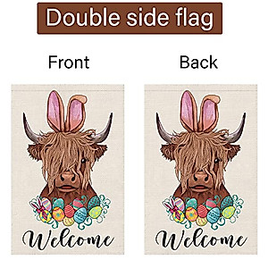 Happy Easter Garden Flag 12x18 Double Sided Burlap, Small Vertical Easter Highland Cow Welcome Garden Yard Flags for Spring Outdoor Outside Decoration (Only Flag)