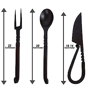 Viking Traders Hand-Forged Blacksmith Medieval Dining Hall Eating/Feasting Utensils set of 3 Piece Functional Fork Knife and Spoon Medieval Eating Set, with genuine leather pouch for easy carrying.