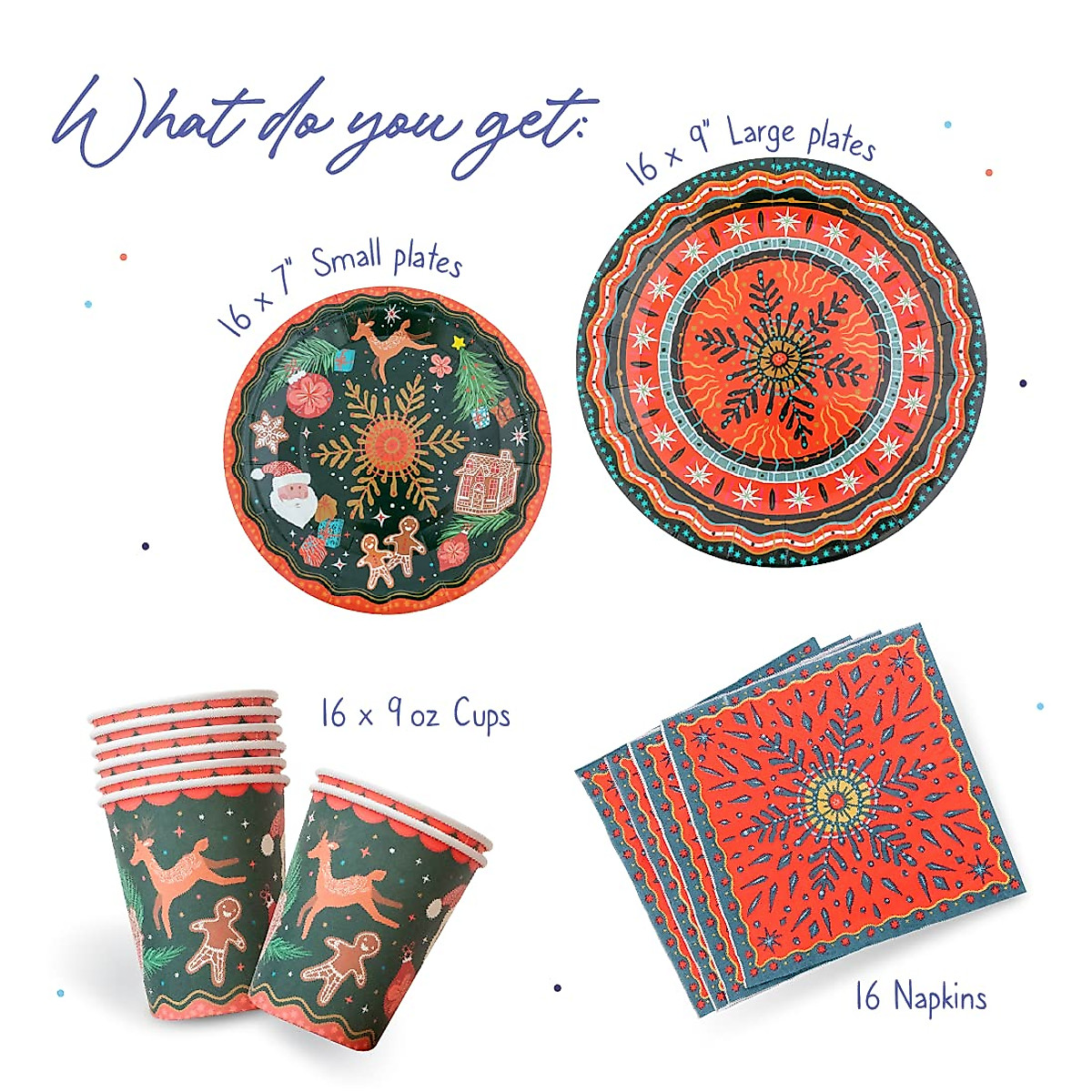 Christmas Paper Plates and Napkins Serves 16 Guests - Merry Christmas Tableware Sets With Santa Claus, Tree Snowflake | Disposable Paper Large Dinner Plates, Small Dessert Plates, Cups and Napkins