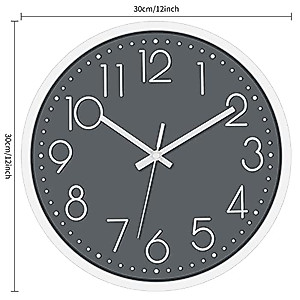 Foxtop 12 Inch Non-Ticking Wall Clock Silent Quartz Battery Operated Round Wall Clock Modern Easy to Read Clock for Office School Classroom Home Bedroom Living Room Kitchen (Gray)