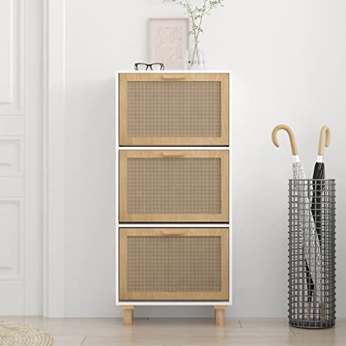 WEMYUFURN Shoe Cabinet Engineered Wood&Natural Rattan - Space-Saving Shoe Organizer - Shoe Rack for Closet, Entryway or Bedroom