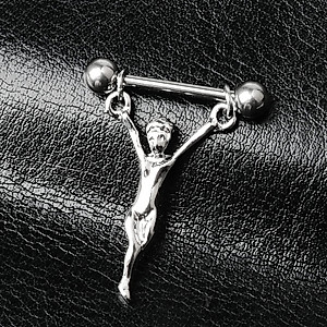 14G Surgical Steel Nipple Rings Dangly Jesus Nipplerings Straight Barbell Body Piercing Jewelry for Women Girls 1 Pair (14G; 16-14mm)