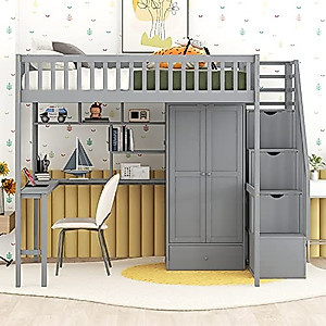 DEINPPA Full Size Loft Bed with Desk and Wardrobe, Wooden Loft Bed Frame with Drawers and Shelves, for Boys Girls Teens Kids, No Box Spring Needed