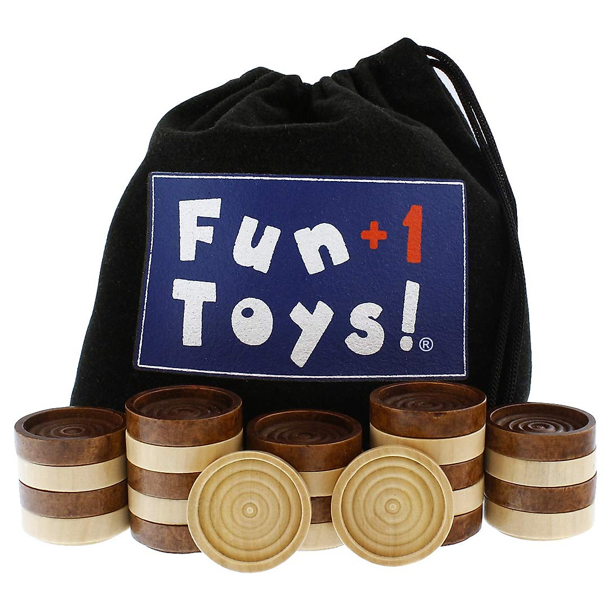 Fun+1 Toys! Classic Wood Checkers Stackable Pieces - Set of 26 Total Checkers Pieces in a Velvet Drawstring Storage Pouch. Each Piece 1.125-Inch Wide and in Brown/Natural Colors.