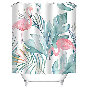 Tititex Tropical Pink Flamingo Shower Curtain with Hooks, Teal Palm Leaves Modern Style Waterproof Fabric Bathroom Decor Set 71X71 Inch