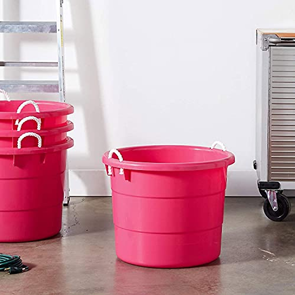 Homz 0402PKDC Stackable Plastic 18 Gallon Utility Storage Container Bucket Tubs with Rope Handles, Pink, Set of 2 Buckets