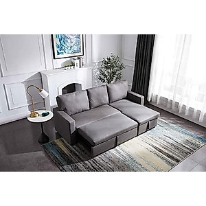 MOEO Convertible New Fabric Modern Sleeper Sectional Sofa Bed with Pull-Out Sofabed with Reversible Storage Chaise Lounge, L-Shaped 3 Seating Corner Couch for Living Room Bedroom, Graphite Grey, Gray