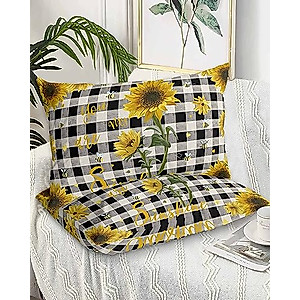 Summer Sunflower Pillow Covers Standard Size Set of 2 20x26 Bed Pillow, Black White Plaid Spring Floral Bee Rustic Wood Plush Soft Comfort for Hair/ Skin Cooling Pillowcases with Envelop Closure