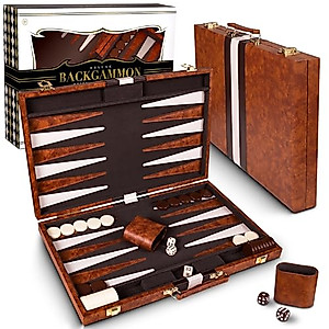 Backgammon Set 15 inch, Medium - Classic Board Game for Adults and Kids with Premium Leather Case - Includes Strategy & Tip Guide (Brown)