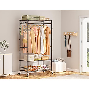 Neatrays Rolling Clothes Rack for Hanging Clothes,Heavy Duty Garment Rack with 3 Tier Wire Shelves,Freestanding Portable Clothing Rack Wardrobe Rack, Black