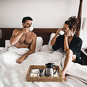 MadeTerra Rectangular Seagrass Tray with Mother of Pearl Inlay Wooden Base Insert Handle, Decorative Nacre Serving Basket for Food, Coffee Table Decor, Decoration, Storage and Display…