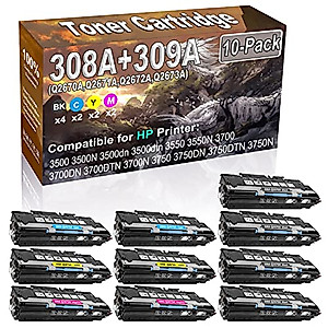 10-Pack (4BK/2C/2Y/2M) Compatible 3500 3500N 3500dn 3500dtn Color Toner Cartridge (High Capacity) Replacement for HP 308A 309A (Q2670A Q2671A Q2672A Q2673A) Printer Toner Cartridge