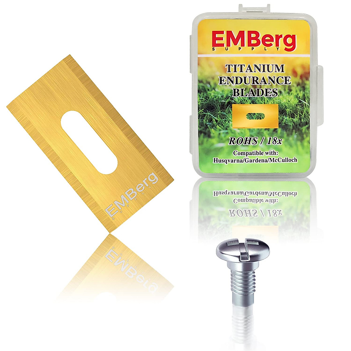 EMBerg Endurance Blades (18 Pack) for Husqvarna Automower Gardena McCulloch Robotic Lawnmower Mowing Lawn Mower Robo Robot Accessories Replacement Blade for 315 430 435 450 Others. (Titanium Coated)