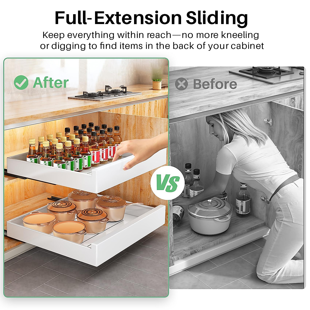 Pull out Cabinet Organizer, 21"Deep, Slide out Drawers for Kitchen Cabinets, Under Sink Pull-Out Home Organizers with Adhesive Nano Film Fixed, Sliding Cabinet for Bathroom, Pantry Storage Shelf
