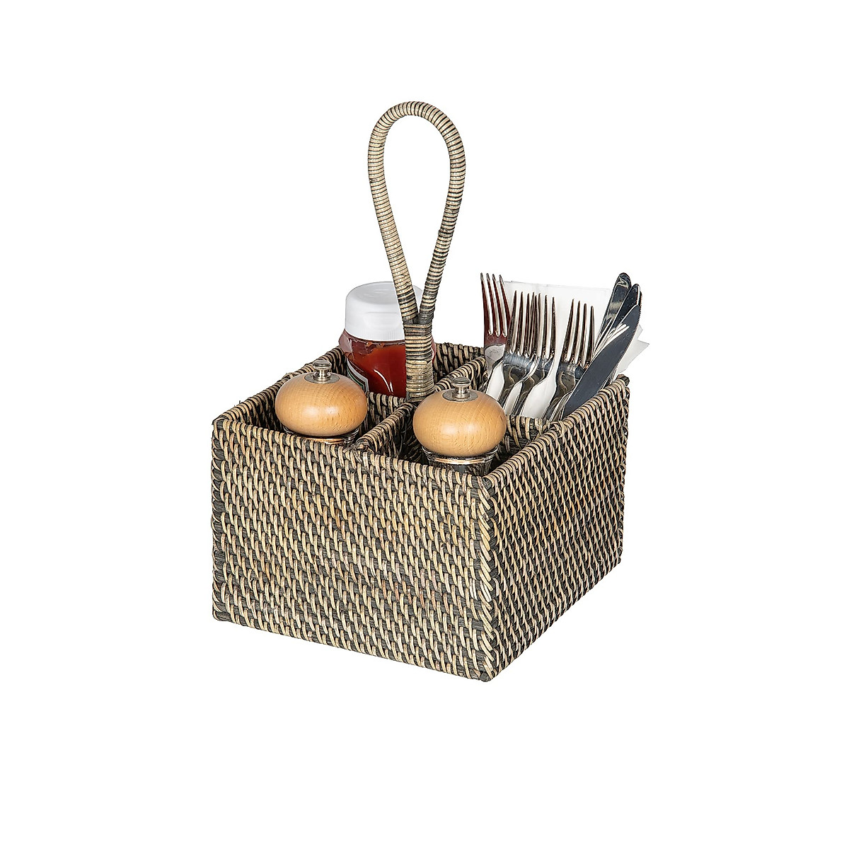 KOUBOO Laguna Rattan Bottle Caddy – Decorative Basket for Organizer Kitchen Utensils, Silverware – Boho Home Decor & Storage Solution for Dining Table, Pantry, Countertop, Black Wash