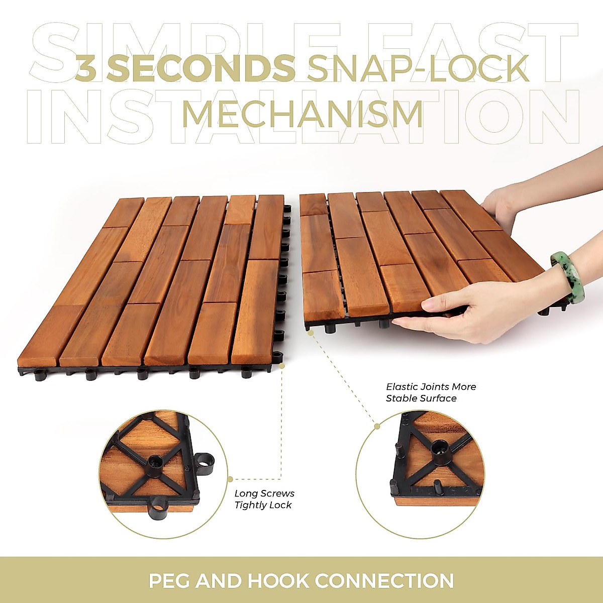 HOUSE84VN Solid Acacia Wood Interlocking Deck Tiles (Pack of 6, 24" x 12"), Indoor/Outdoor Deck Flooring, Waterproof All Weather (24X12, Natural Color)