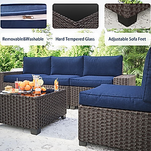 GAOMON 6 Pieces Outdoor Patio Furniture Set, Wicker Patio Conversation Set Sectional Sofa, Brown Patio Sofa with 5 Navy Blue Seat Cushions and 1 Glass Coffee Table