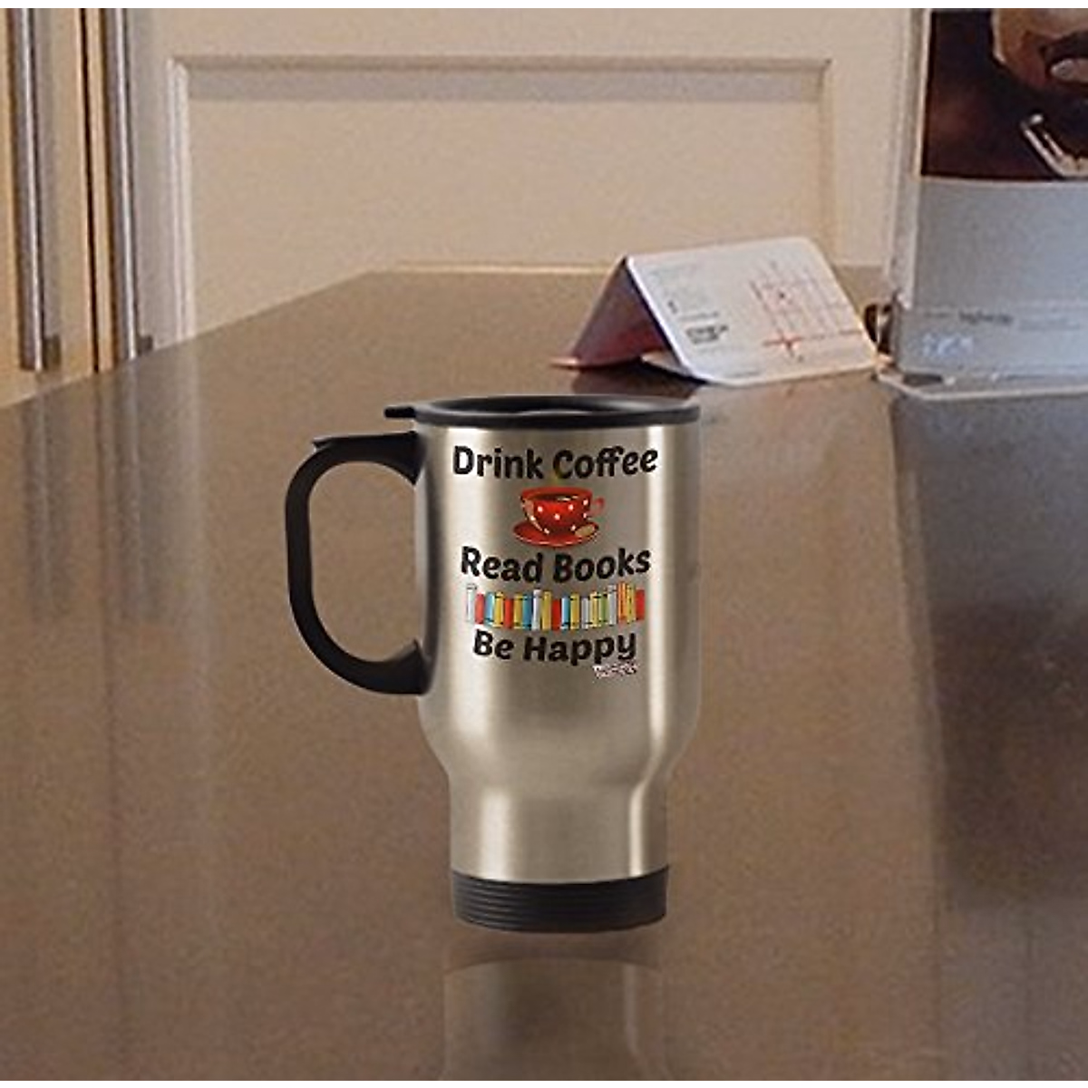 Book Lover Travel Mug - Novelty Gifts, Stainless Steel Insulated Cup By Vitazi Kitchenware - Great Gift for Coffee Addicts, Bookworms Drink Coffee Read Books Be Happy, With Image (14 Ounces)