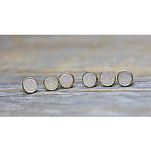 White Druzy Quartz Stud Earrings-Genuine Drusy Gemstone-Gold-8mm-Jewelry Gift Idea-Holiday-Stocking Stuffer-New Years (White Druzy)
