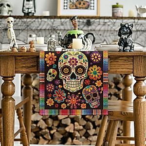 Artoid Mode Flowers Sugar Skull Mexican Day of The Dead Table Runner, Dia De Los Muertos Kitchen Dining Table Decoration for Home Party Decor 13x72 Inch