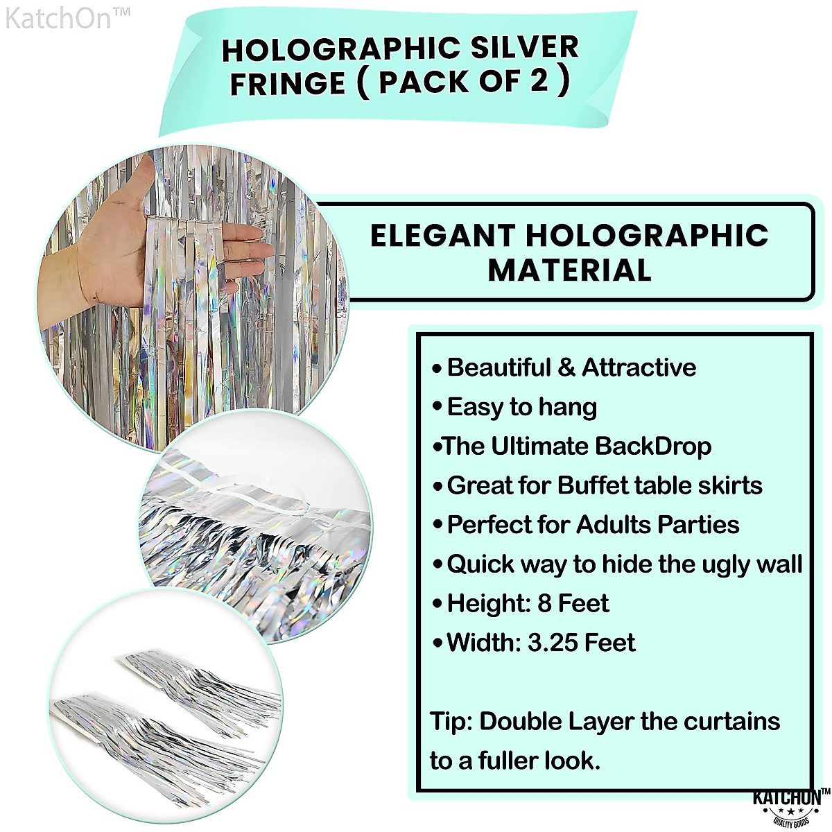 KatchOn, Holographic Silver Streamer Backdrop - XtraLarge 3.2x8 Feet, Pack of 2 | Silver Fringe Backdrop for Silver Streamers Party Decorations | Silver Tinsel Backdrop for Disco Party Decorations