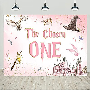 Wizard Birthday Backdrop for Girls Pink Witch Magic School of Wizardry The Chosen One Happy 1st Birthday Party Background Decorations Girl Birthday Cake Table Banner 7x5ft
