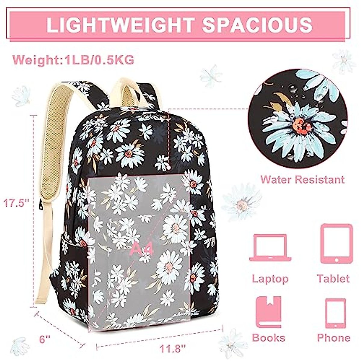 School Backpack for Teen Girls Women Laptop Backpack College Bookbags Middle School Travel Work Commuter Back Pack(Magritte-white)