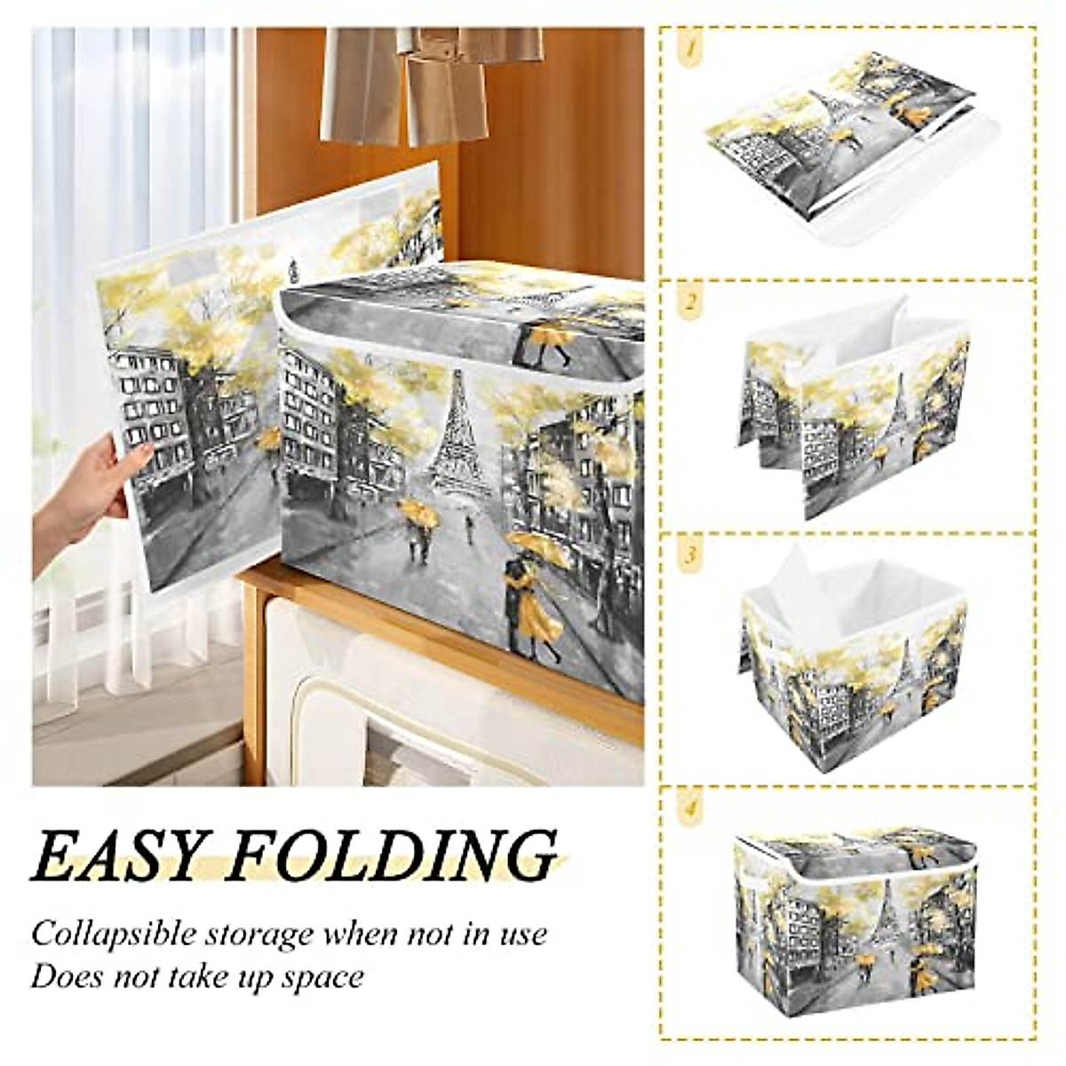Krafig Modern Art Eiffel Tower Yellow Foldable Storage Box Large Cube Organizer Bins Containers Baskets with Lids Handles for Closet Organization, Shelves, Clothes, Toys