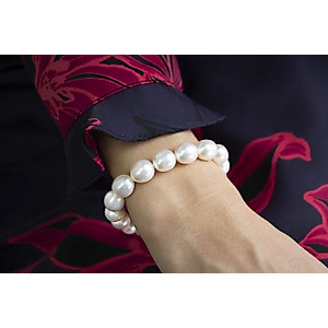 9.5mm-11mm AAAA White Semi-Baroque Oval Freshwater Cultured Pearl Bride & Bridesmaid Stretch Strand Bracelet - 8"