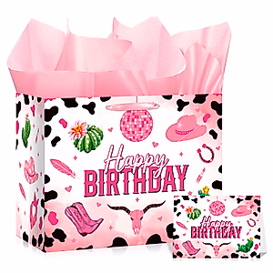 Pink Cowgirl Birthday Gift Bag, Large Western Happy Birthday Wrapping Paper Bags Decorations with Handles Greeting Card Tissue Paper Y2K Disco Wrap Bags for Party Favors Decor Girls Women Supplies