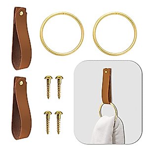 Abeillo Leather Wall Hook, Wall Hanging Strap Towel Ring PU Leather Curtain Rod Holder Towel Holders for Wall Leather Loop Strap Holder Towel Bar Rack Storage, Bathroom Kitchen Supplies (Brown)