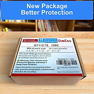 SimCos 16 Gauge Straight Finish Nails,1-1/4", 1-1/2", 2", 2-1/2", Assorted Size Project Pack for Pneumatic, Electric Finish Nailer or Nail Gun (Galvanized Steel)