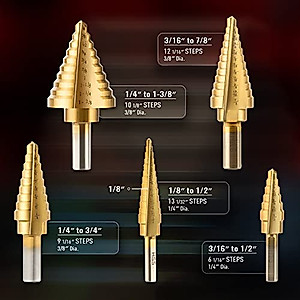 ZELCAN HSS 5PCS Titanium Step Drill Bit Set with Automatic Center Punch for Sheet Metal with Aluminum Case, 50 Sizes in 5 High Speed Multiple Hole Stepped Up Steel Bits for DIY Lovers