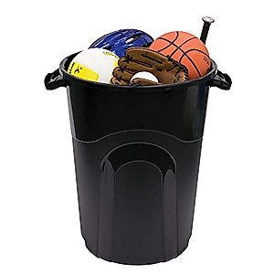 United Solutions TI0065 32 Gallon Outdoor Waste Garbage Bin, 6 Pack, Easy to Carry Pass-Through Handles & Attachable Click Lock Lid, Black, 6-Pack