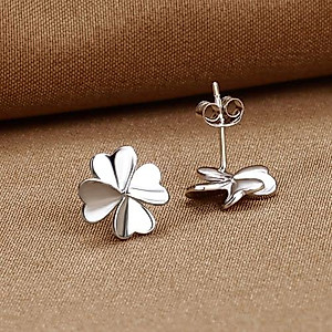 Four Leaf Clover Stud Earrings for Girls Delicate Petite Plant 999 Sterling Silver Jewelry Hand Polished Hypoallergenic Spiral Eardrop for suitable for Women daily wear (7.2mm)