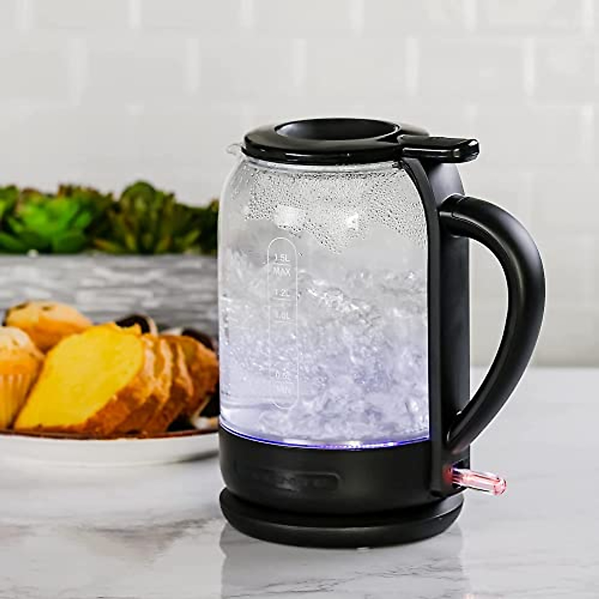 Ovente Electric Glass Kettle 1.5 Liter 1500W Power Portable Instant Hot Water Boiler Heater with ProntoFill Tech & Automatic Shut Off, Fast Boiling Cordless Body for Coffee Milk Tea, Black KG516B