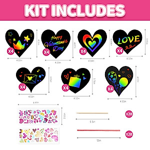 28 Pieces Valentines Crafts for Kids,Rainbow Scratch Paper Ornaments,Heart Shape Scratch Craft Art Kit for Class Valentines DIY Art Activity,School Valentines Day Gifts for Kids