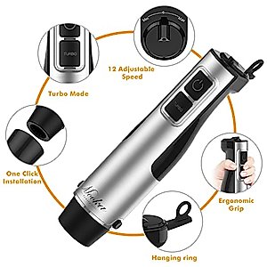 Immersion Blender Handheld, 1100W 5-in-1 Multi-Purpose Hand Blender, 12-Speed Stick Blender, 600ml Beaker, 500ml Chopper, Egg Whisk, Milk Frother, Black