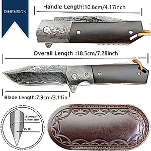 Sitivien ST234 Damascus Steel Folding Knife,Handmade VG10 Core Blade and Ebony Wood Liner Lock Handle,EDC Tool Knife for Men Outdoor Camping Damascus knife EDC Hunting Folding Knife … …