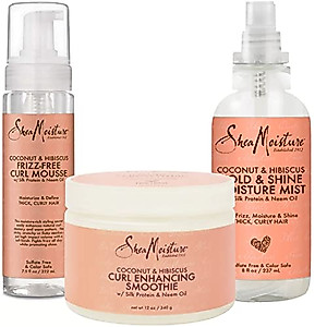 SheaMoisture Curly Hair Products, Coconut & Hibiscus Bundle Includes Frizz Free Curl Mousse 7.5 Fl Oz, Curl Enhancing Smoothie 12 Oz, Hold & Shine Moisture Mist 8 Fl Oz, Hair Styling Products