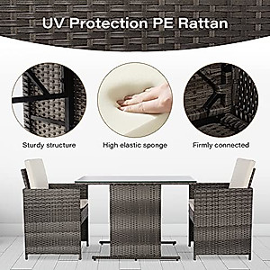 PayLessHere Outdoor Patio Furniture Set 3 Pieces Space-Saving Modern Wicker Bistro Set Rattan Dining Set, Conversation Rattan Chair Set of 2 with Dining Table for Lawn Balcony Poolside Backyard,Khaki